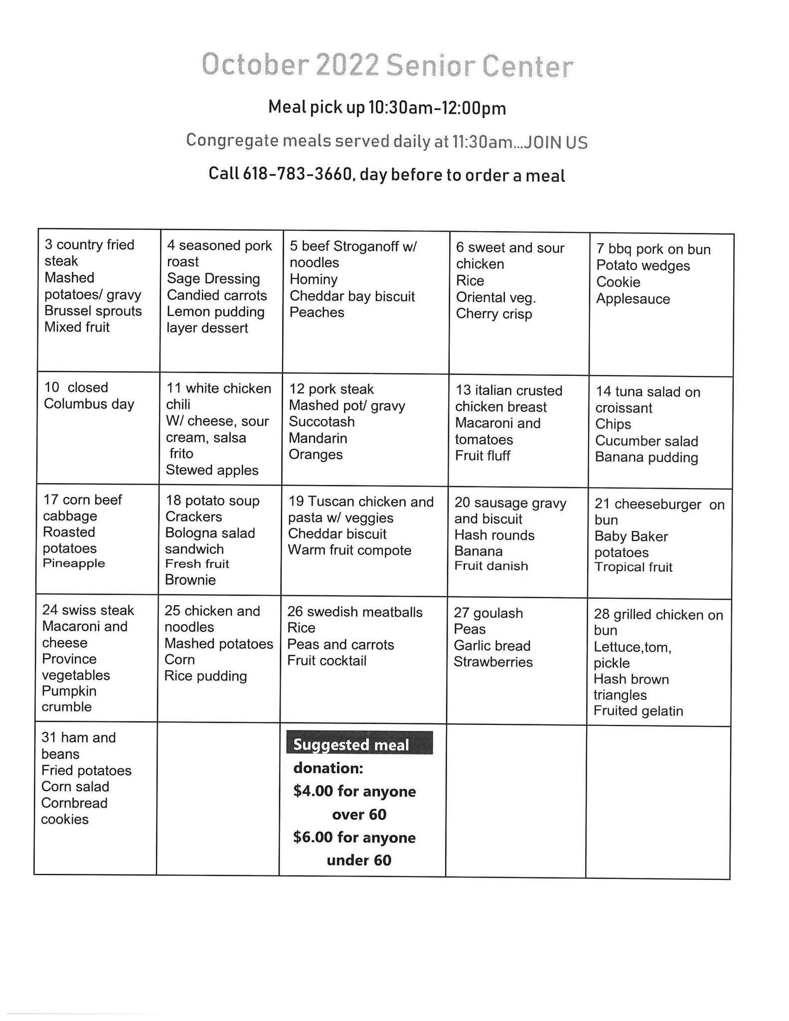 October Senior Center Menu – Jasper County Daily News