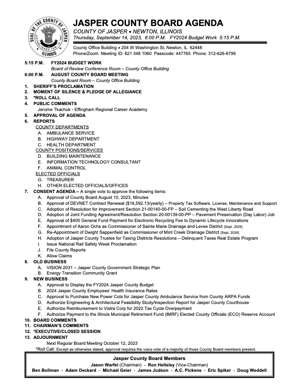 Jasper County Board Agenda For September Jasper County Daily News