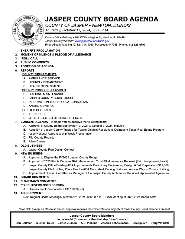 Jasper County Board Agenda For October Jasper County Daily News